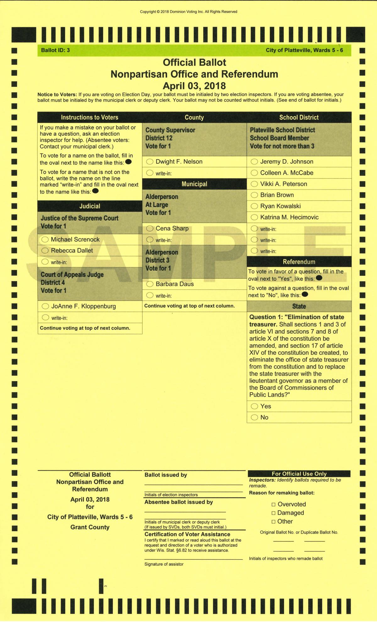 Ward 5-6, District 3 Sample Ballot | Platteville Wisconsin
