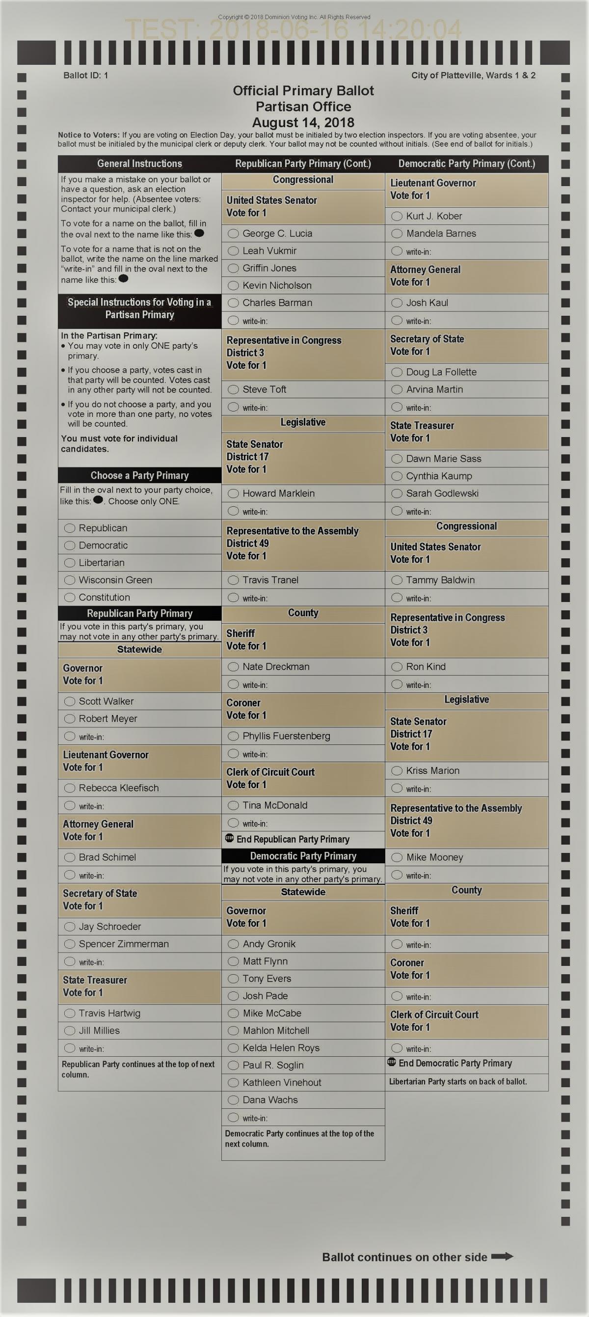 2018 Partisan Primary Sample Ballot (Front)- District 1 | Platteville ...