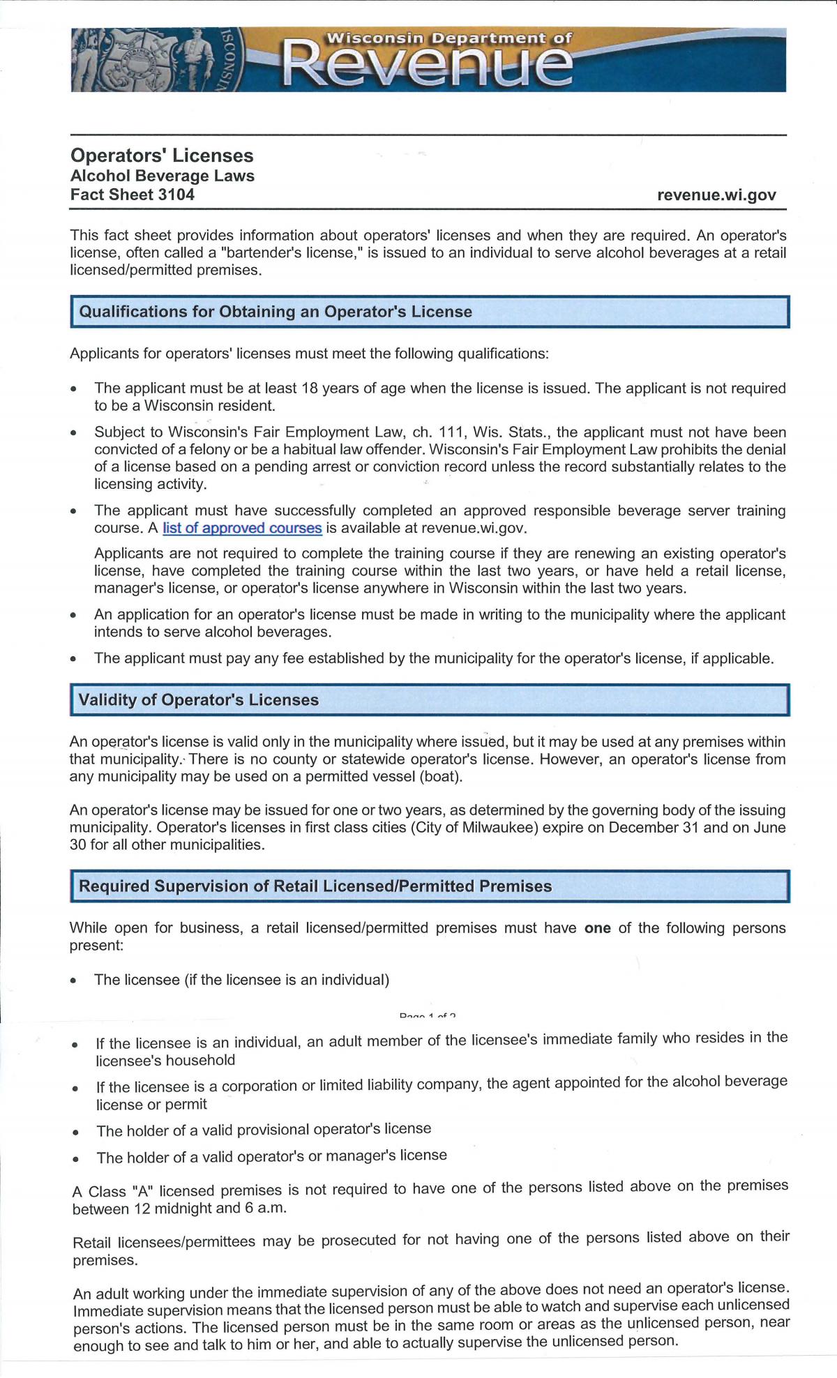 Bartender/Operator License | Platteville Wisconsin